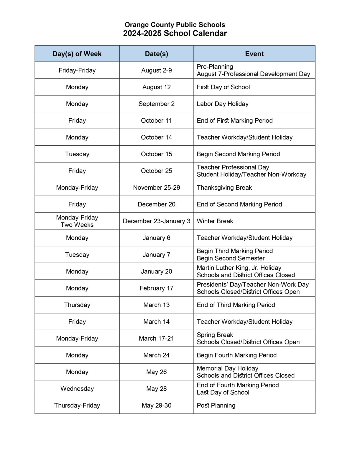 BACK-TO-SCHOOL; ORANGE COUNTY SCHOOLS 2024-2025 Student Calendar ...